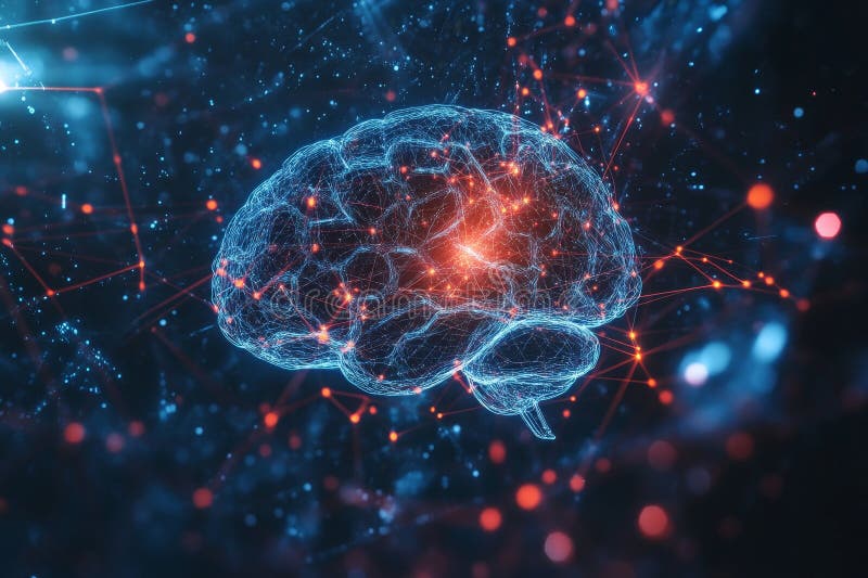Holographic Brain Visualization with Glowing Blue Connections and Red ...