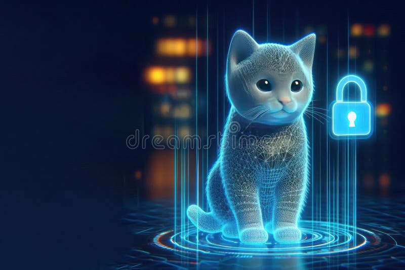 A Holographic Cat with a Lock, Symbolizing Digital Security. Stock ...