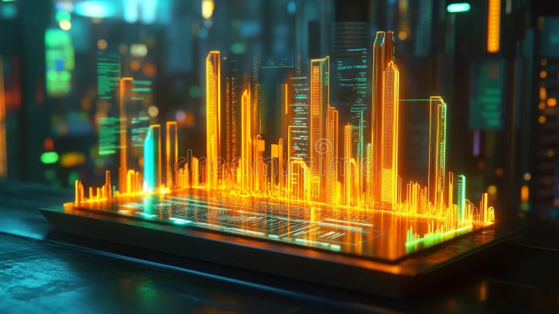 Holographic Cityscape Model Projected on a Digital Screen Stock ...