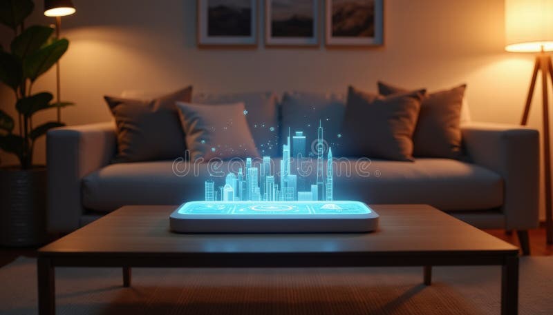 Holographic Cityscape Projection on Modern Coffee Table Stock Image ...