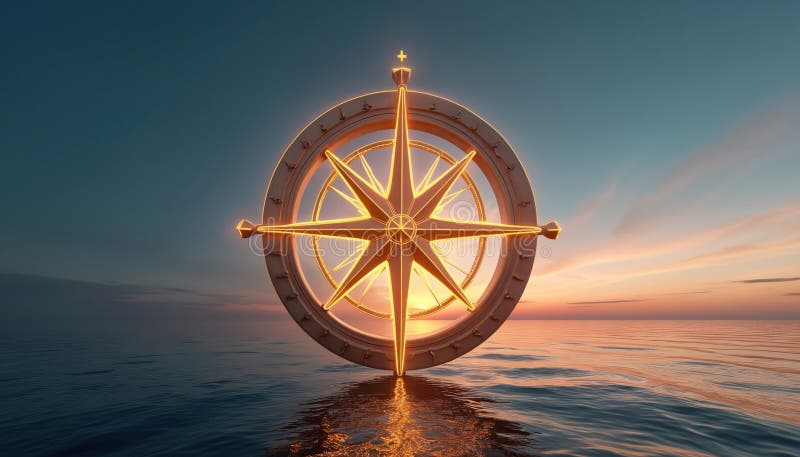 Holographic Compass Emblem Over Ocean Landscape at Sunset. Directional ...