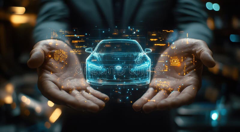Holographic Concept Car in Hands Symbolizing Innovation and Technology ...