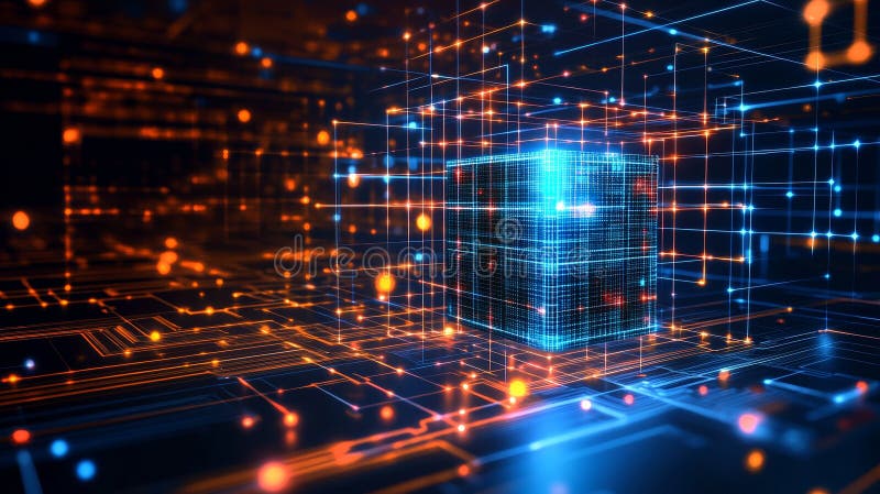 A Holographic Cube Representing Futuristic Technology and Digital Data ...