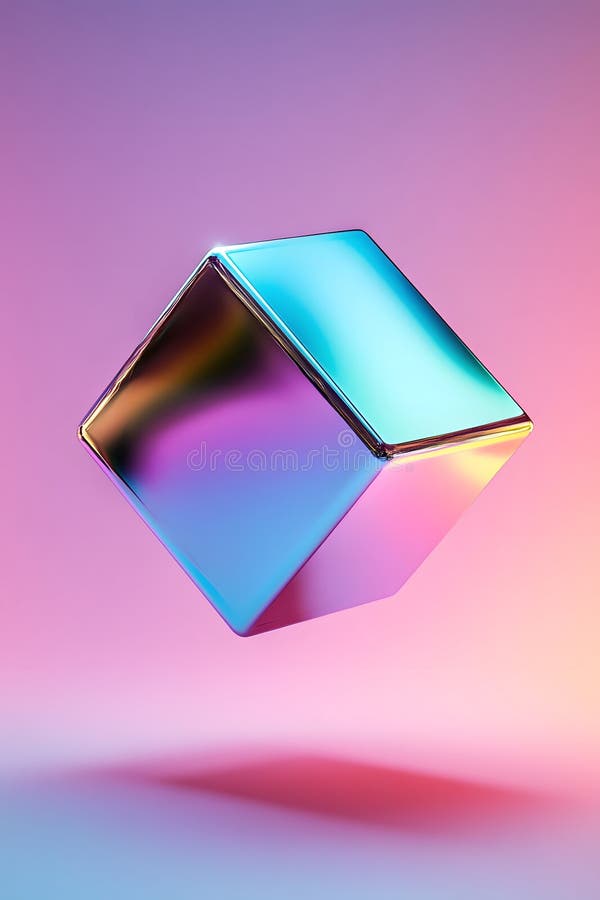 Holographic 3D Cube Shape with Colorful Reflections Floating in Space ...