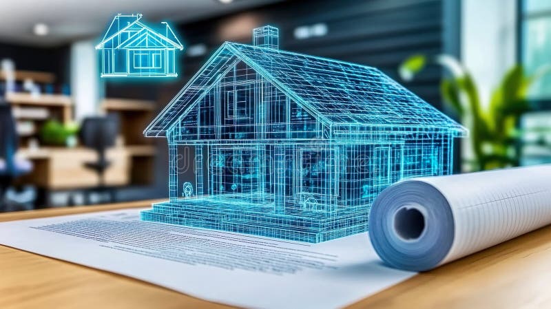 Holographic 3D House Blueprint Building Project Virtual AI Technology ...