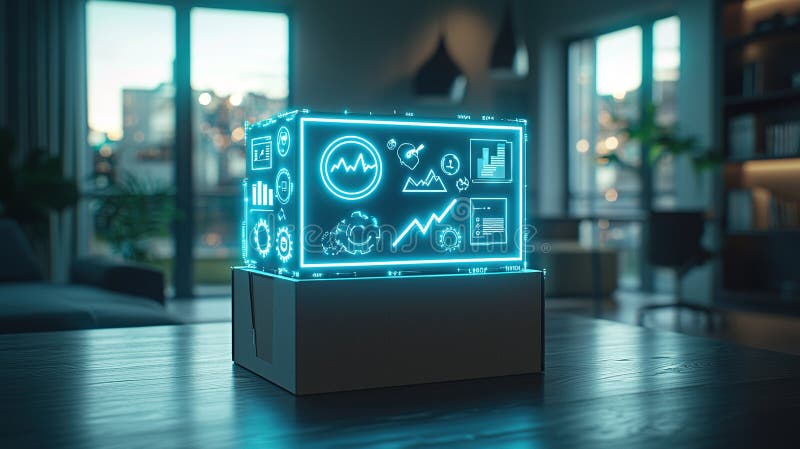 Holographic Data Display on Box in Modern Living Room with City View ...