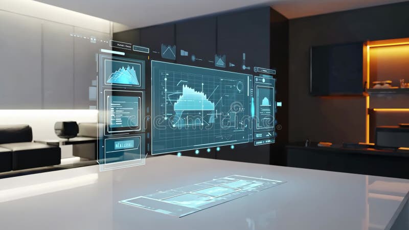 Holographic Data Display Projected Above a Sleek White Table in a High ...