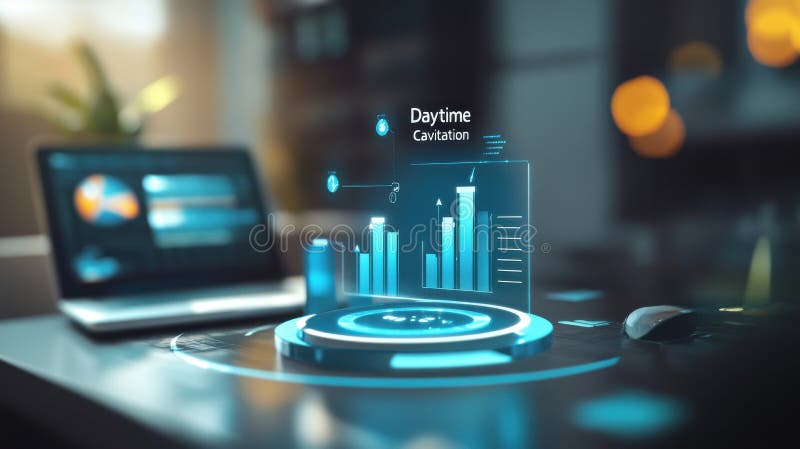 Holographic Data Visualization on Desk with Laptop Stock Illustration ...