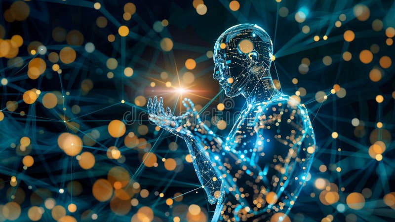 Holographic, Digital Man, with Abstract Network Lines and Nodes ...