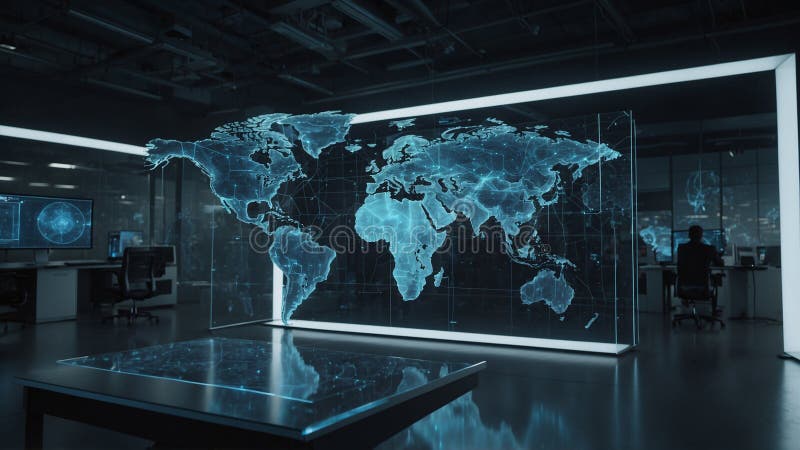Holographic Display of a Global Network Map in a Tech Lab Stock ...