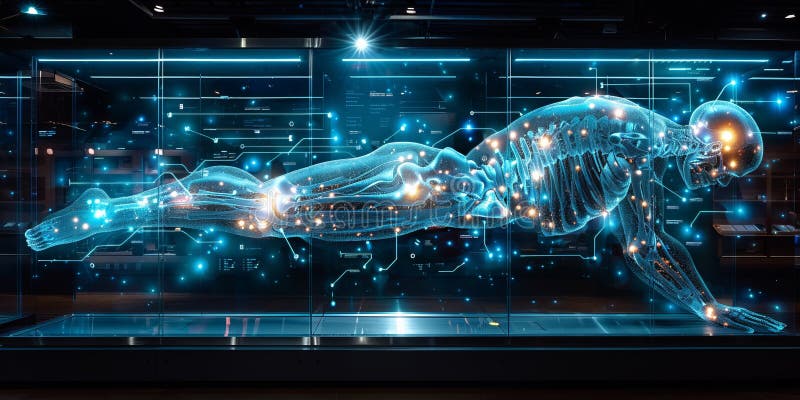 Holographic Display of a Human Body in a Push-up Position, Showcasing ...