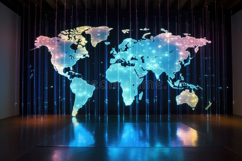 Holographic Display of World Map with Data Points Stock Illustration - Illustration of ...