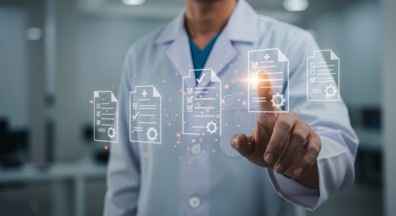 Holographic Document Interface with Checkmarks and Gears Used by ...