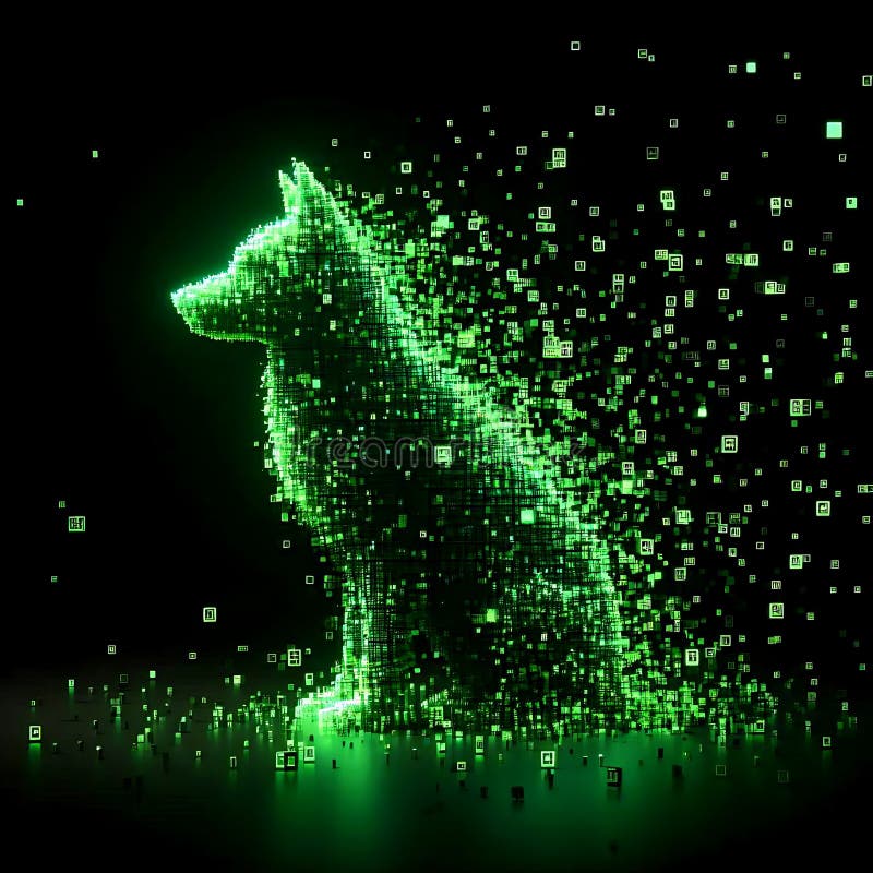 Holographic Dog Silhouette in the Glow Green Matrix Code on Black ...
