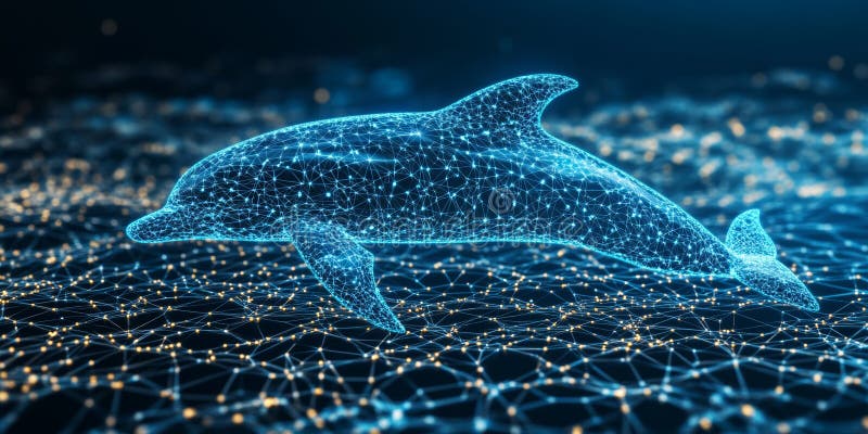 A Holographic Dolphin Made of Blue Points of Light Swims through a ...