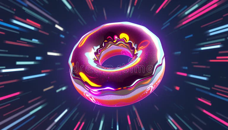 Holographic Donut with a Metallic Glaze, Hovering in Zero Gravity, Surrounded by Digital Glitch ...
