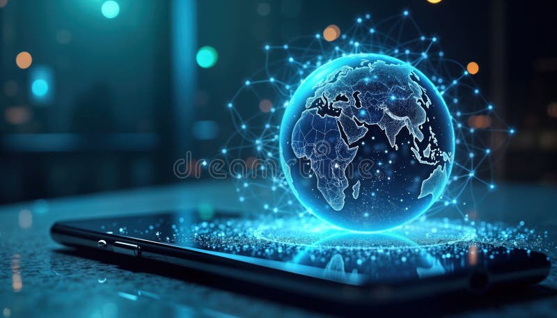 Holographic Earth Globe Displayed on Smartphone. Global Wireless ...