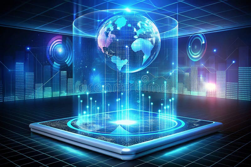 Holographic Earth Projected on Tablet in Futuristic Digital Space Stock ...