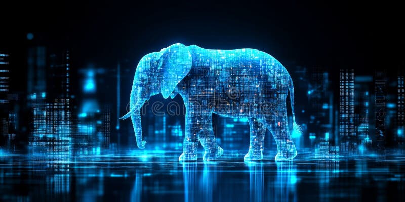 Holographic Elephant in Digital Cityscape Symbol of Technological ...