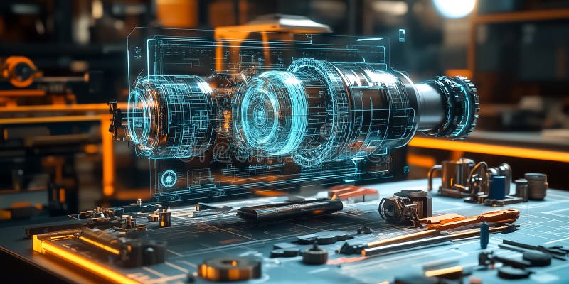Holographic Engine Design Projected Above Advanced Workstation Filled ...