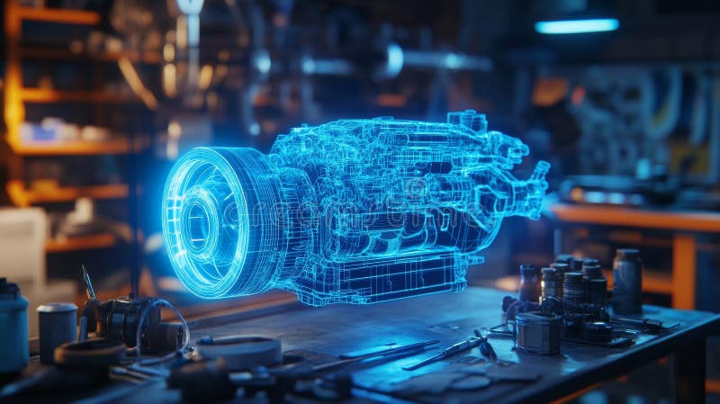 Holographic Engine Model in a High-tech Automotive Workshop Stock ...