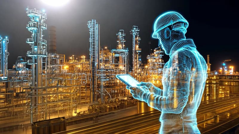 Futuristic Hologram of Engineer in a Manufacturing Facility with ...