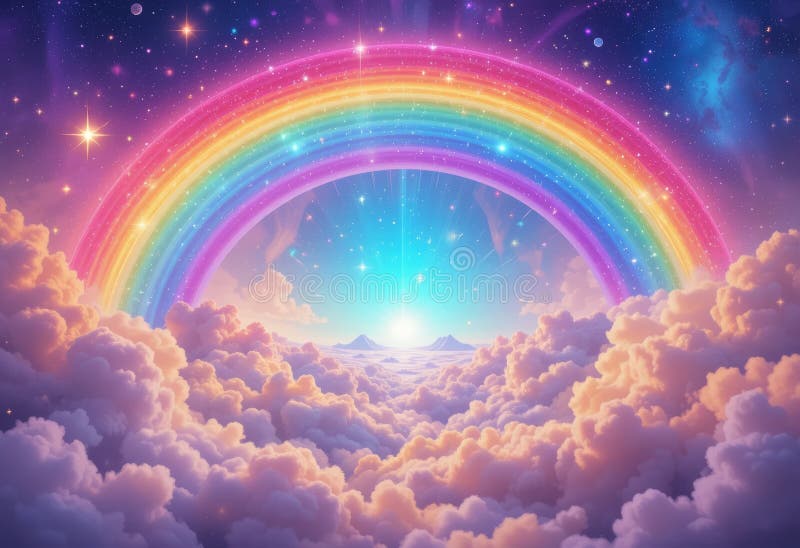 Holographic Fantasy Rainbow Background with Clouds and Stars. Stock ...