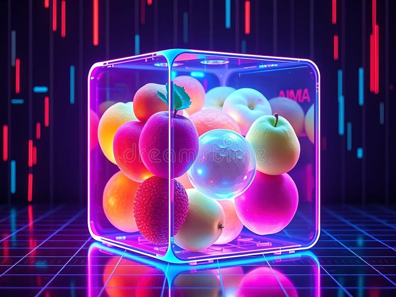 Holographic Fruit Cube: Futuristic Cyber Visuals Stock Image ...