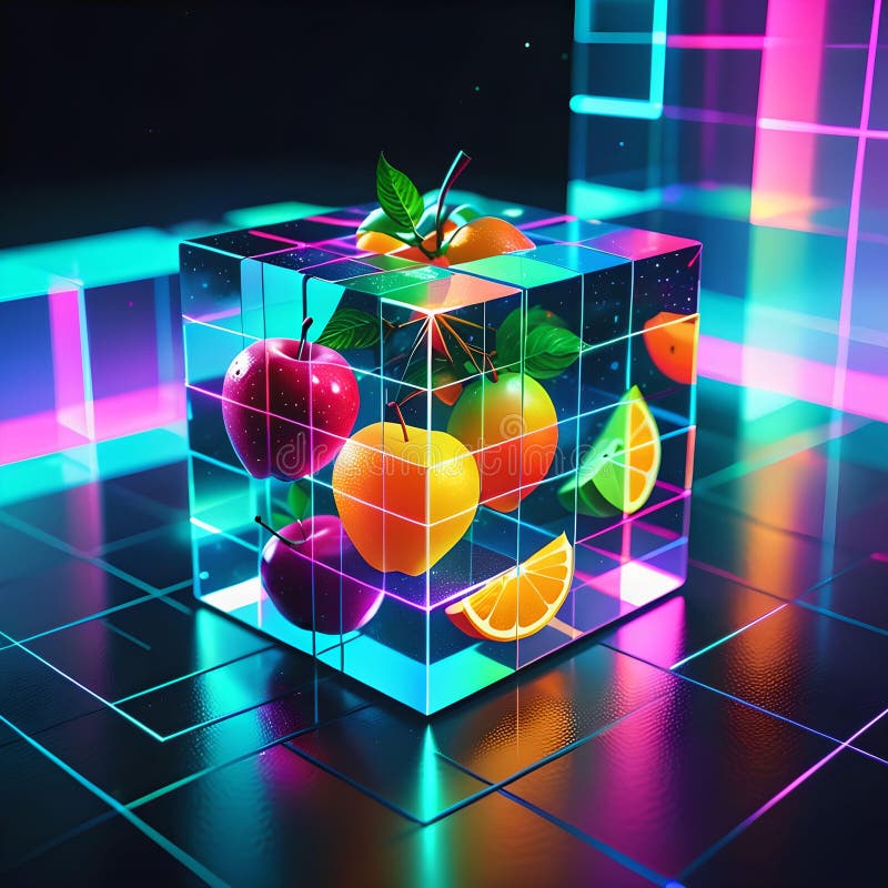 Holographic Fruit Cube: Futuristic Glow Stock Image - Illustration of ...
