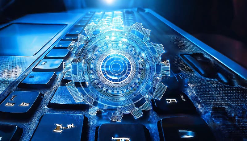 The Holographic Gear Icon on a Modern Computer Keyboard is in Blue ...