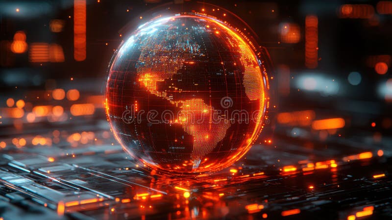 Holographic Globe with Fintech Data Visualization, Glowing Orange and ...