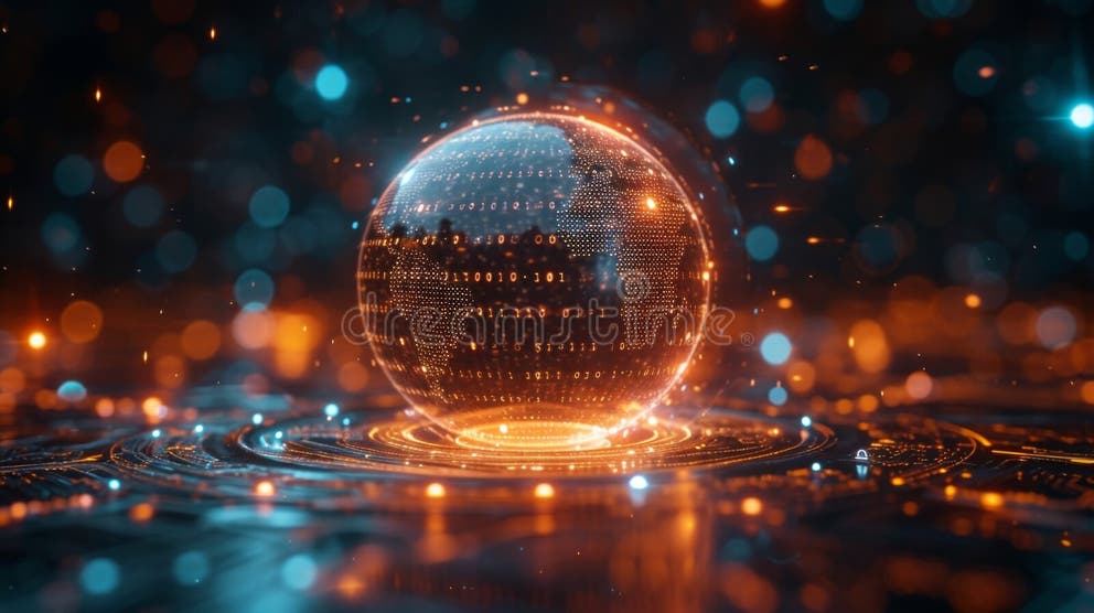 A Holographic Globe Floats in the Center of the Image with Streams of Binary Code Flowing Around ...
