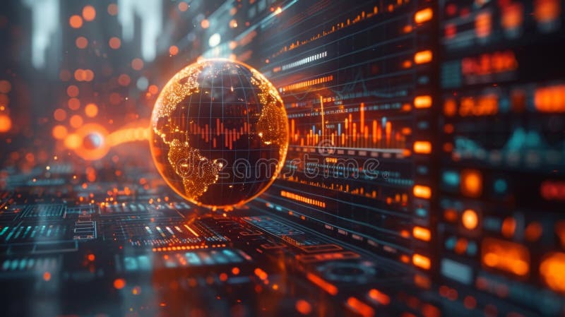 A Holographic Globe Spins with Various Data Points and Charts Revolving ...