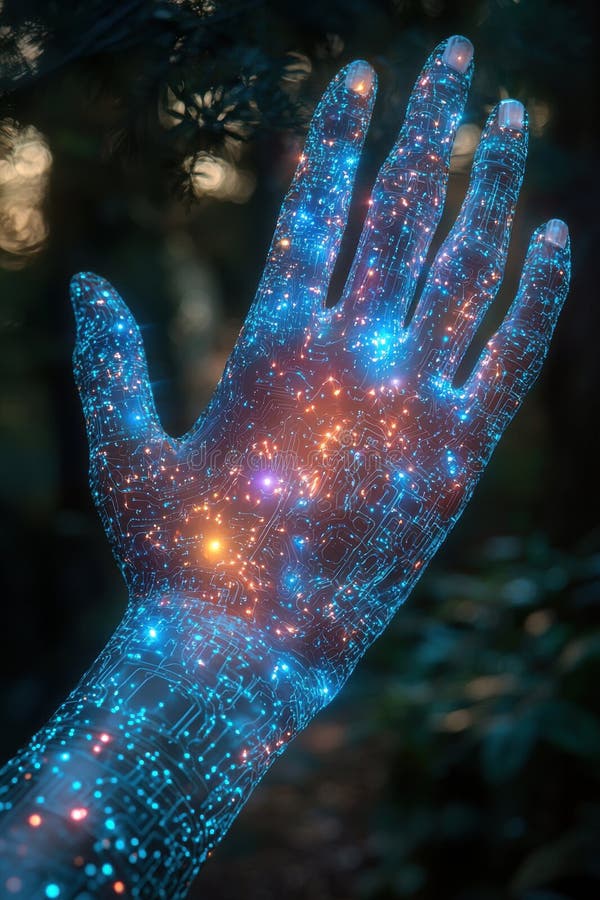 Holographic Hand Display with Bright Circuit-Like Lights in a Forest ...