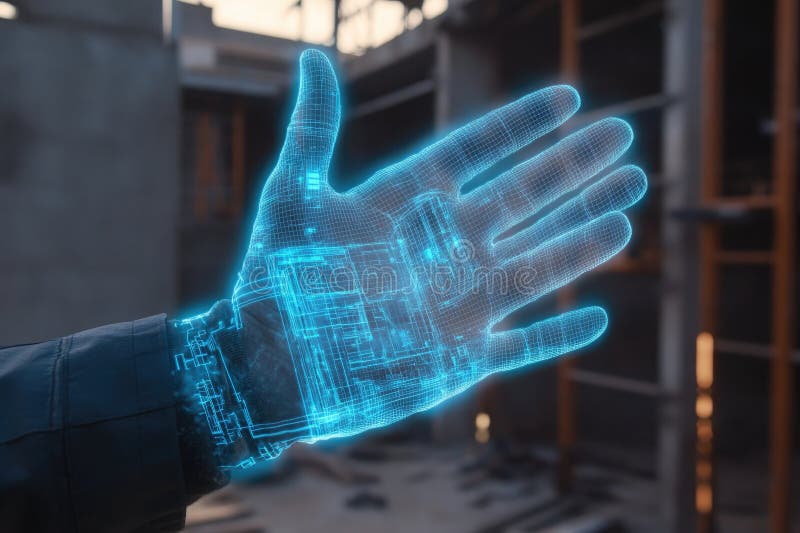 A Holographic Hand Overlay is Projected Against a Construction Site ...
