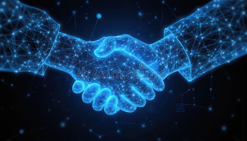 Holographic Handshake in Low Poly Wireframe Style. Electric Blue ...