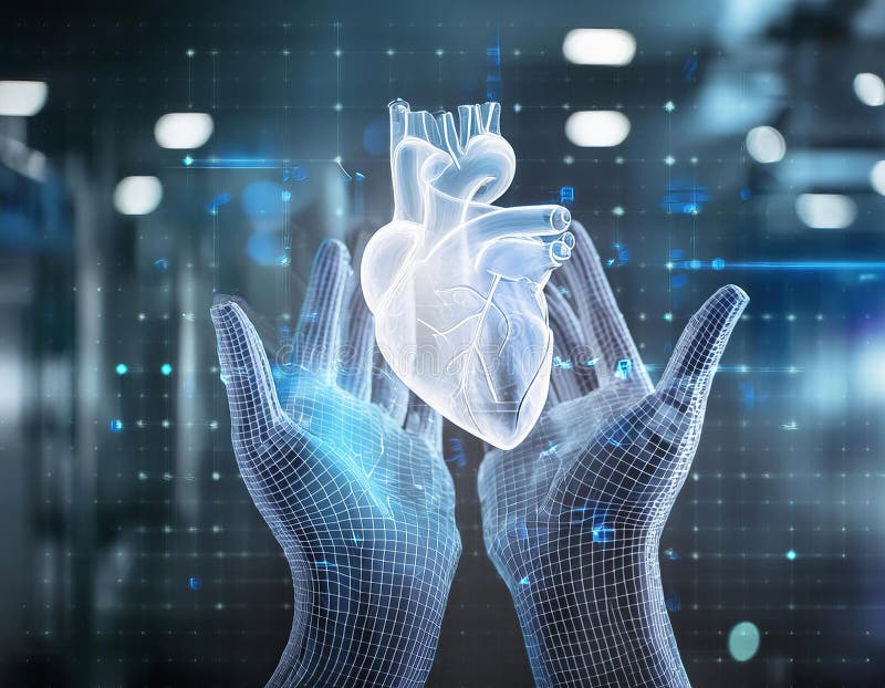 Holographic Heart Held by Wireframe Hands in High-tech Setting Stock ...