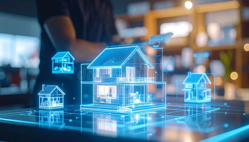 Holographic House Models Displayed with Technology, Representing Future Architecture and Real ...
