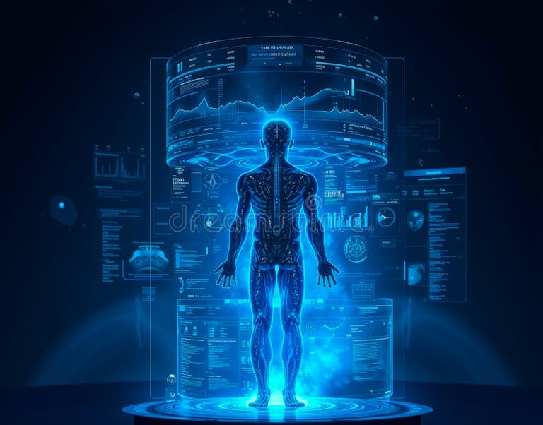 Holographic Human Body Scan Featuring a Rotating Medical Data Interface ...