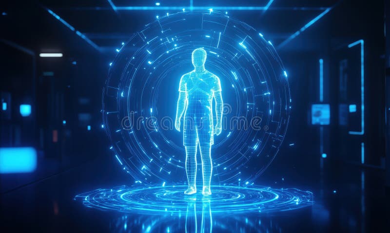 Holographic Human Figure Surrounded by Glowing Digital Patterns in ...