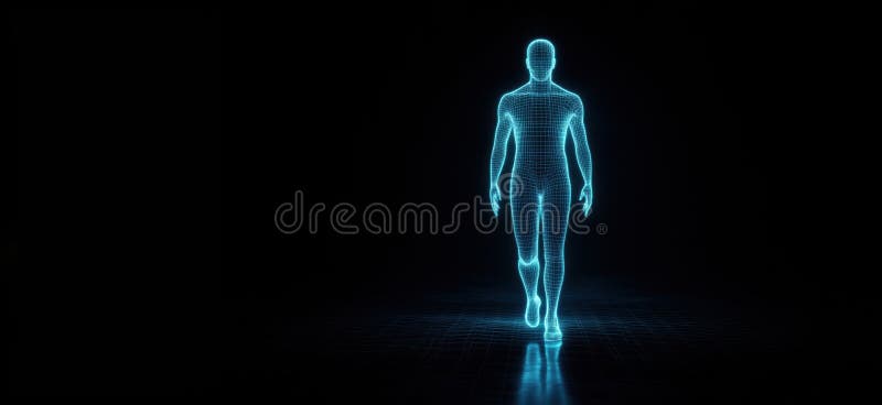 Holographic Human Figure Walking in Digital Space with Glowing Lines ...