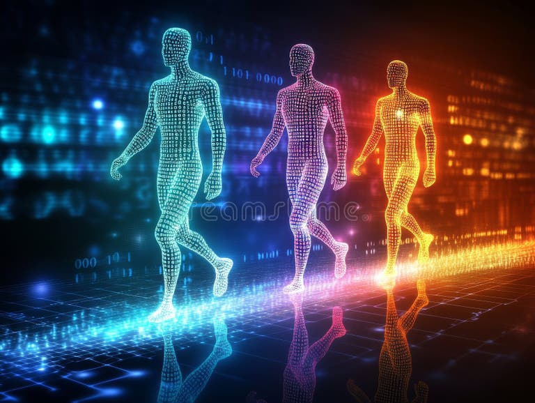 Holographic Human Figures Emerging from a Digital Matrix Rain ...