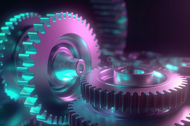 Holographic Iridescent Metallic Gears and Cogs, Soft Neon Gradient ...