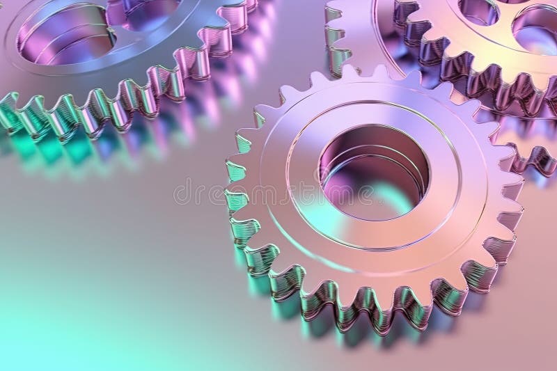 Holographic Iridescent Metallic Gears and Cogs, Soft Neon Gradient ...