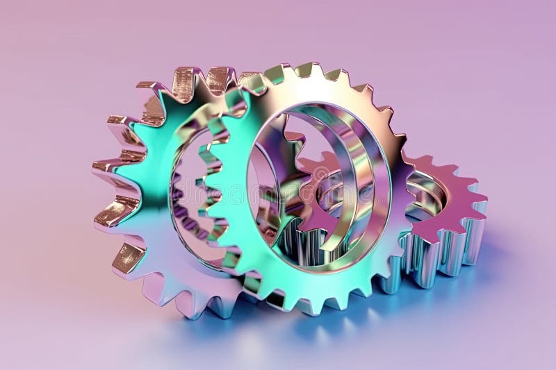 Holographic Iridescent Metallic Gears and Cogs, Soft Neon Gradient ...
