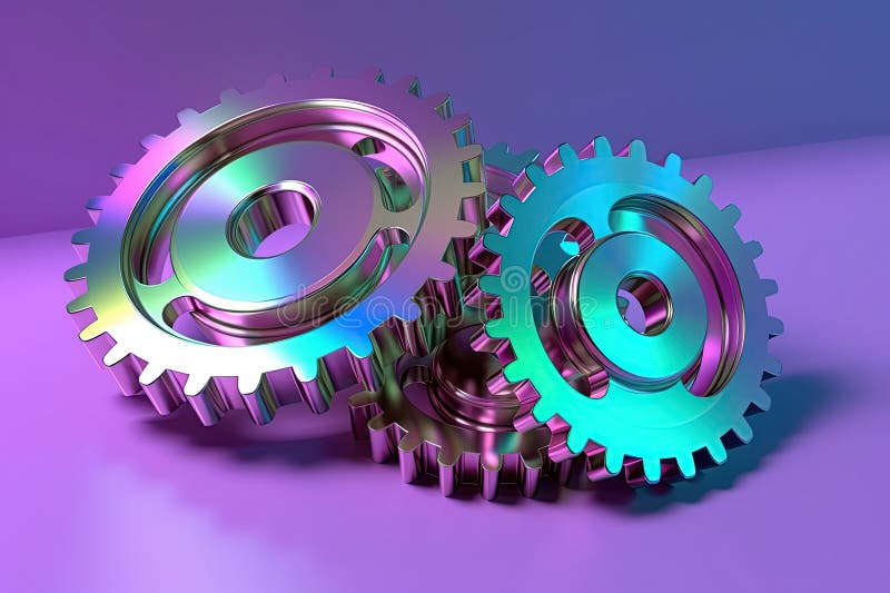 Holographic Iridescent Metallic Gears and Cogs, Soft Neon Gradient ...