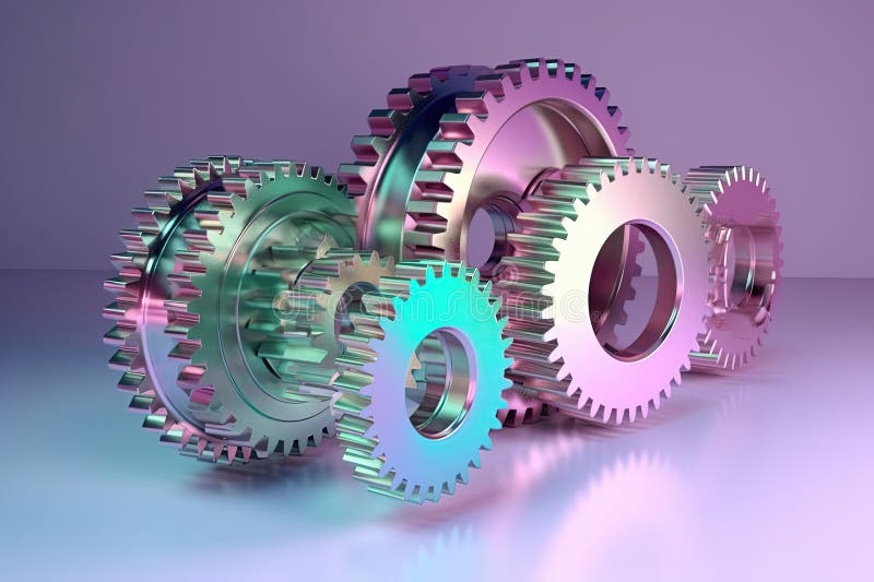 Holographic Iridescent Metallic Gears and Cogs, Soft Neon Gradient ...