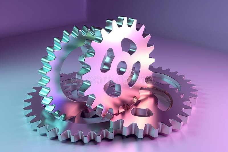 Holographic Iridescent Metallic Gears and Cogs, Soft Neon Gradient ...