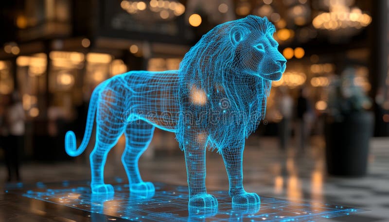 Holographic Lion, Blue Wireframe, Futuristic Technology, Digital Art ...