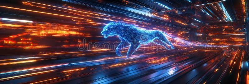 Holographic Lion in Digital Space Symbol of Technology, Speed, and ...